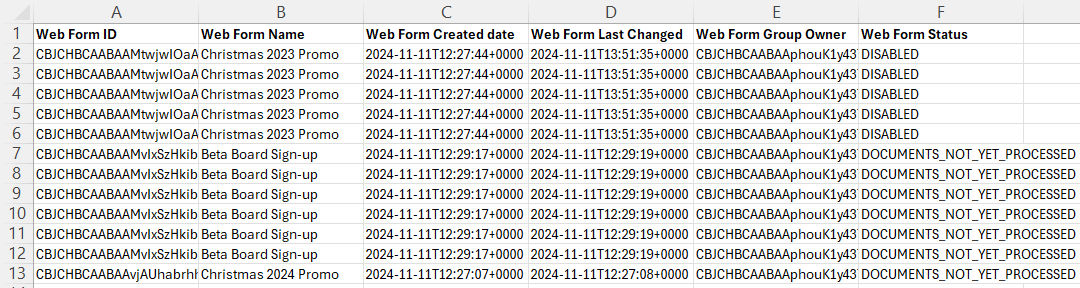 Web form data export